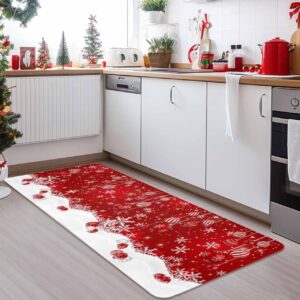 LUSWEET Xmas Kitchen Mat 2 Piece Christmas Kitchen Rugs Non Slip Winter Snowflake Mats Soft Glitter Sparkle Kitchen Runner Rug Water Absorbent Red Floor Mat for Kitchen,Sink,Laundry 16"x24"+16"x47"