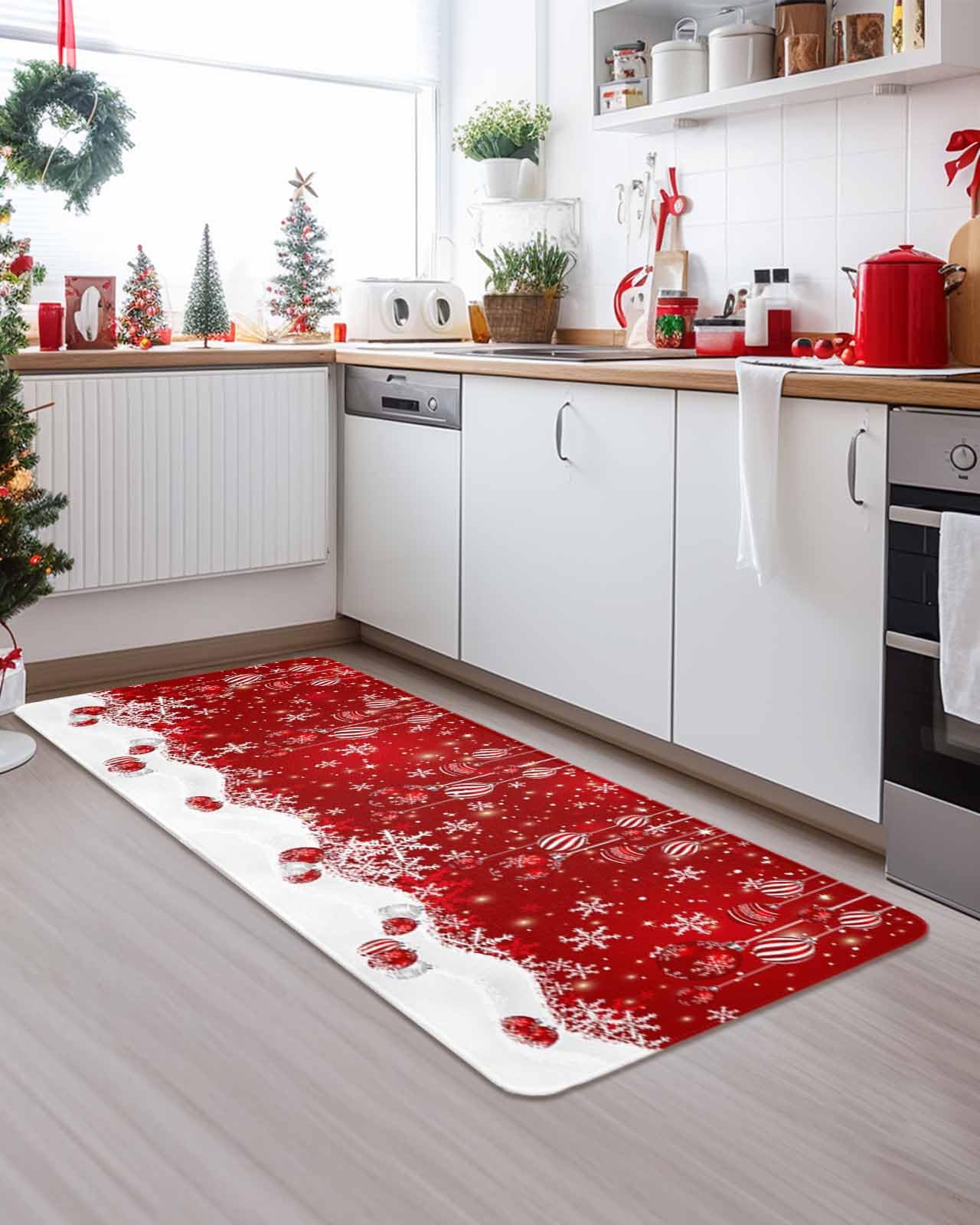 LUSWEET Xmas Kitchen Mat 2 Piece Christmas Kitchen Rugs Non Slip Winter Snowflake Mats Soft Glitter Sparkle Kitchen Runner Rug Water Absorbent Red Floor Mat for Kitchen,Sink,Laundry 16"x24"+16"x47"