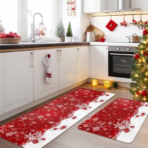 LUSWEET Xmas Kitchen Mat 2 Piece Christmas Kitchen Rugs Non Slip Winter Snowflake Mats Soft Glitter Sparkle Kitchen Runner Rug Water Absorbent Red Floor Mat for Kitchen,Sink,Laundry 16"x24"+16"x47"