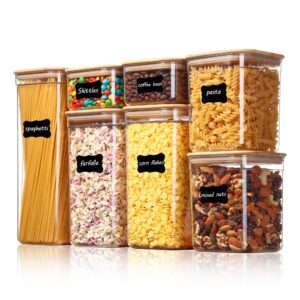 vtopmart 7 pack plastic airtight food storage containers with bamboo lids, square clear food organizer set for pasta, sugar, flour, dry food, snack, cereal, kitchen pantry organization storage