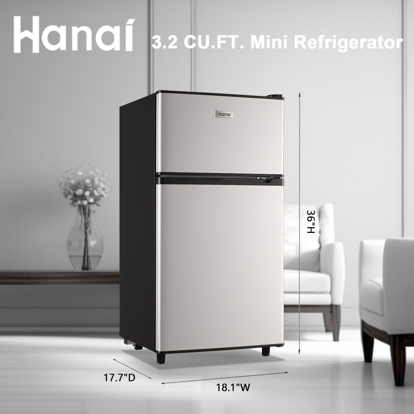 WANAI 3.5 Cu.Ft Mini Fridge with Freezer Dual Door Fridge with 7 Level Adjustable Adjustable Thermostat for Dorm, Office, Kitchen, Silver