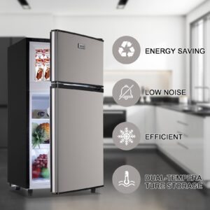 WANAI 3.5 Cu.Ft Mini Fridge with Freezer Dual Door Fridge with 7 Level Adjustable Adjustable Thermostat for Dorm, Office, Kitchen, Silver