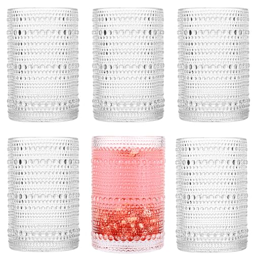 Dingerjar Hobnail Drinking Glasses set of 6（13 oz） Hobnail Water KItchen Glassware, Embossed Vintage Juice Glasses Tall Bar Drinkware