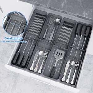 KOUPA Expandable Silverware Drawer Organizer Set of 2, Compact Utensil Flatware Tray for Kitchen, Adjustable Plastic Cutlery Holder Storage for Spoons Forks Knives, Gray