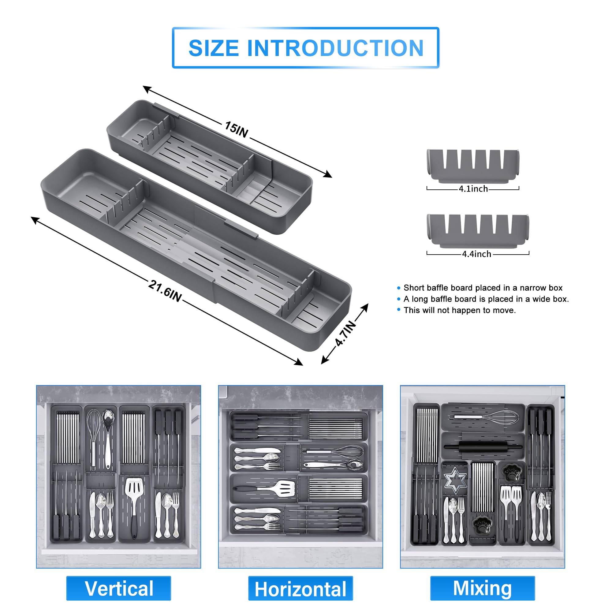 KOUPA Expandable Silverware Drawer Organizer Set of 2, Compact Utensil Flatware Tray for Kitchen, Adjustable Plastic Cutlery Holder Storage for Spoons Forks Knives, Gray