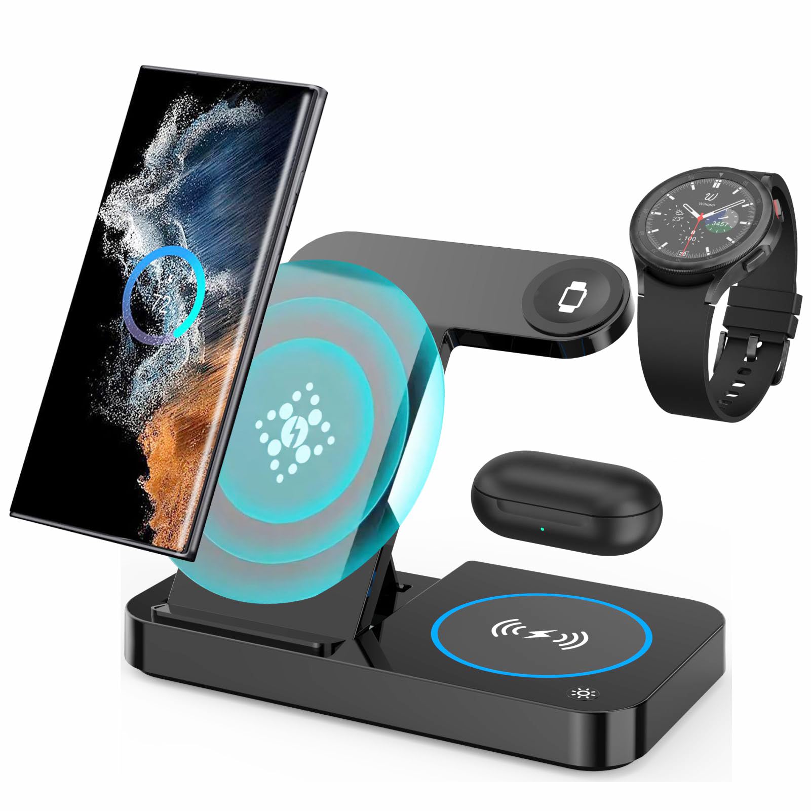 Wireless Charging Station for Samsung Android Multiple Devices 3 in 1 Foldable fast wireless Charger Stand for Phone Galaxy Z Flip 5/4 Z Fold 5/4 S24 S23 S22 S20 Ultra Galaxy Watch 6/5/4/3 Galaxy Buds