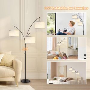 Arc Floor Lamp for Living Room,Modern Mid Century Multi-Tree Floor Lamp with Heavy Base for Bedroom Office,3-Light Dimmable Floor Lamp with Adjustable Hanging Oatmeal Shades and 3 LED Bulbs