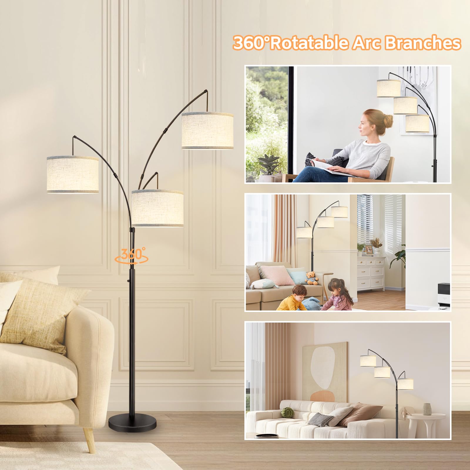 Arc Floor Lamp for Living Room,Modern Mid Century Multi-Tree Floor Lamp with Heavy Base for Bedroom Office,3-Light Dimmable Floor Lamp with Adjustable Hanging Oatmeal Shades and 3 LED Bulbs