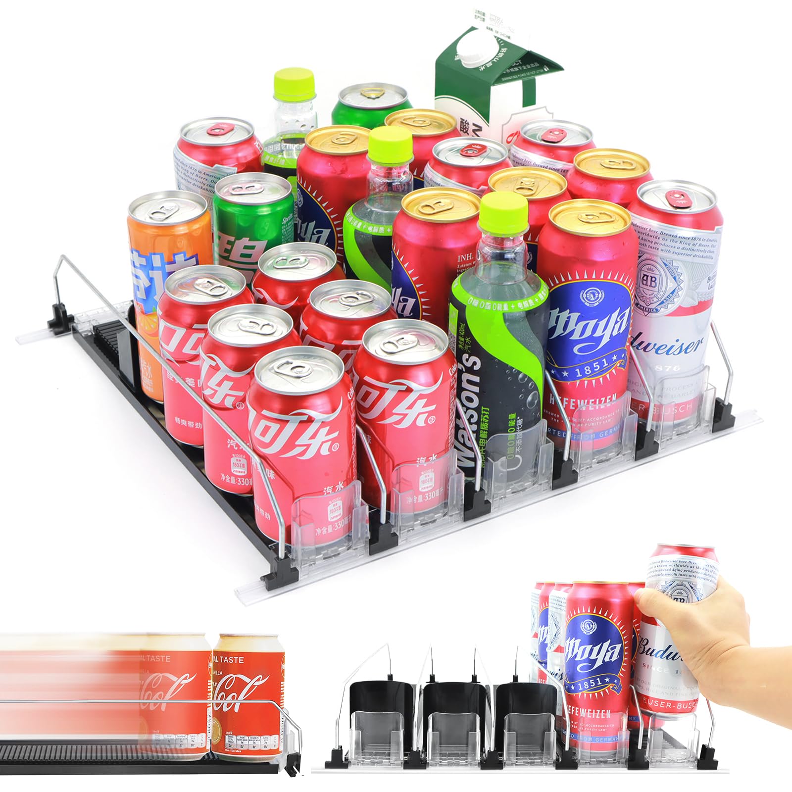 TOCLIU soda can dispenser for refrigerator,Self-Pushing Fridge Drink Dispenser, Width-Adjustable Pusher Glide,Drink Organizer for Fridge,12oz to 24oz Water Bottle,Beer,drinks