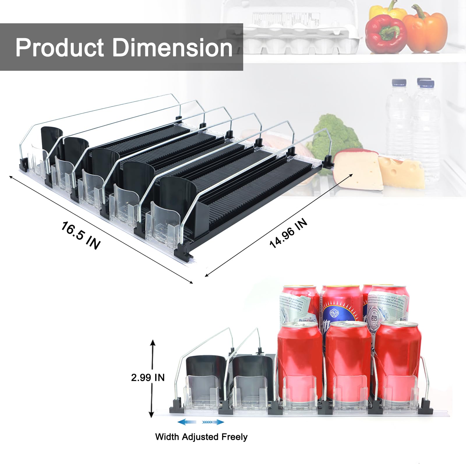 TOCLIU soda can dispenser for refrigerator,Self-Pushing Fridge Drink Dispenser, Width-Adjustable Pusher Glide,Drink Organizer for Fridge,12oz to 24oz Water Bottle,Beer,drinks