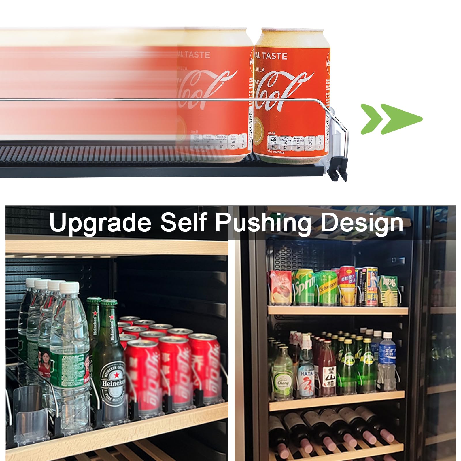 TOCLIU soda can dispenser for refrigerator,Self-Pushing Fridge Drink Dispenser, Width-Adjustable Pusher Glide,Drink Organizer for Fridge,12oz to 24oz Water Bottle,Beer,drinks