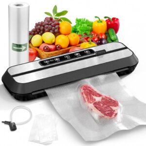 maxdone vacuum sealer machine 80kpa food vacuum sealer for food storage food sealer machine 5-in-1 for dry/moist modes built-in cutter, 10 vacuum sealer bags & 1 roller bag & 1 air suction hose