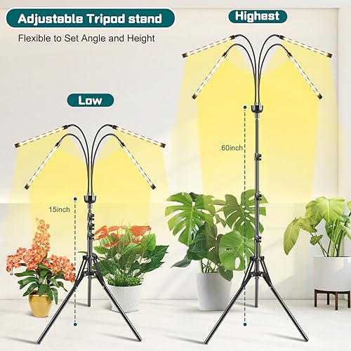 ZXMEAN Grow Lights for Indoor Plants Full Spectrum with 15-60 inches Adjustable Tripod Stand Plant Light with 4/8/12H Timer with Remote Control, LXG0009