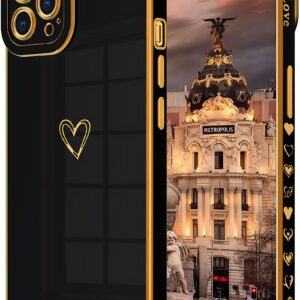 ROUTDOM Compatible with iPhone 12 Pro Max Case for Women Girls Aesthetic Cute Cool Luxury Trendy Gold Heart Design,Slim Thin Silicone Shockproof Protective Phone Cover for iPhone 12 Pro Max（Black）