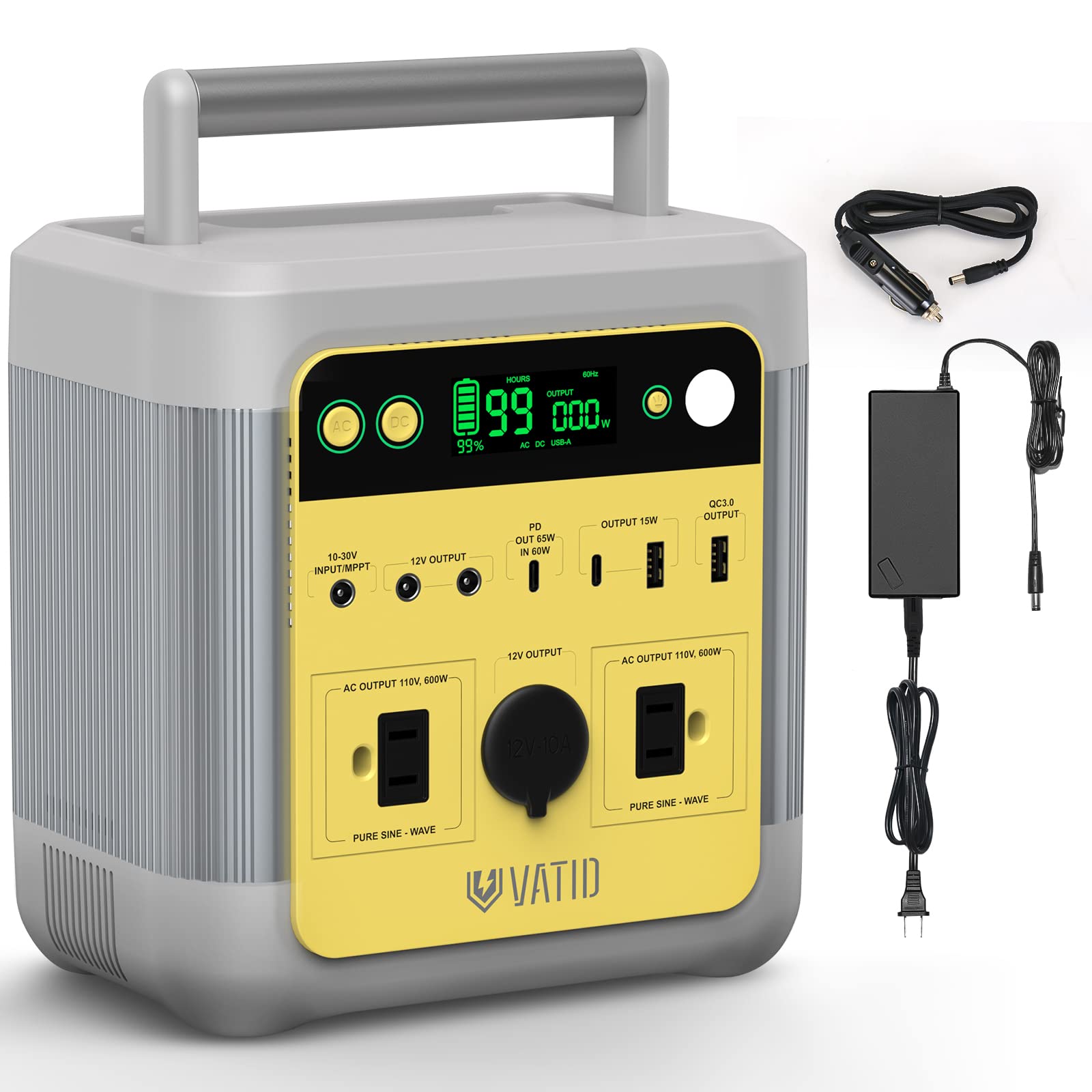 VATID Portable Power Station, 600W 518Wh Solar Generator,3.5hrs 100% Recharge Solar Power Station with 110V AC,65W USB PD,LCD Screen,12V Regulated DC,Pure Sine Wave Battery Power Station for Hurricane