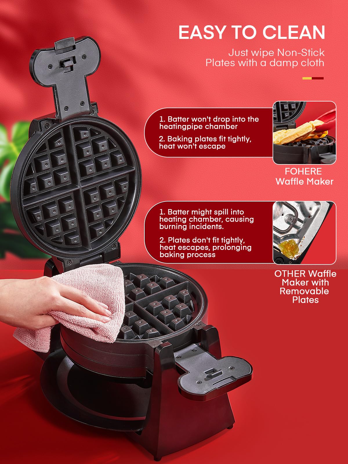 Waffle Maker, Belgian Waffle Maker Iron 180° Flip Double Waffle, 8 Slices, Rotating & Nonstick Plates, Removable Drip Tray Easy to Clean, Cool Touch Handle, Handle Lock for Easy Storage, 1400W (Red)