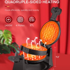 Waffle Maker, Belgian Waffle Maker Iron 180° Flip Double Waffle, 8 Slices, Rotating & Nonstick Plates, Removable Drip Tray Easy to Clean, Cool Touch Handle, Handle Lock for Easy Storage, 1400W (Red)