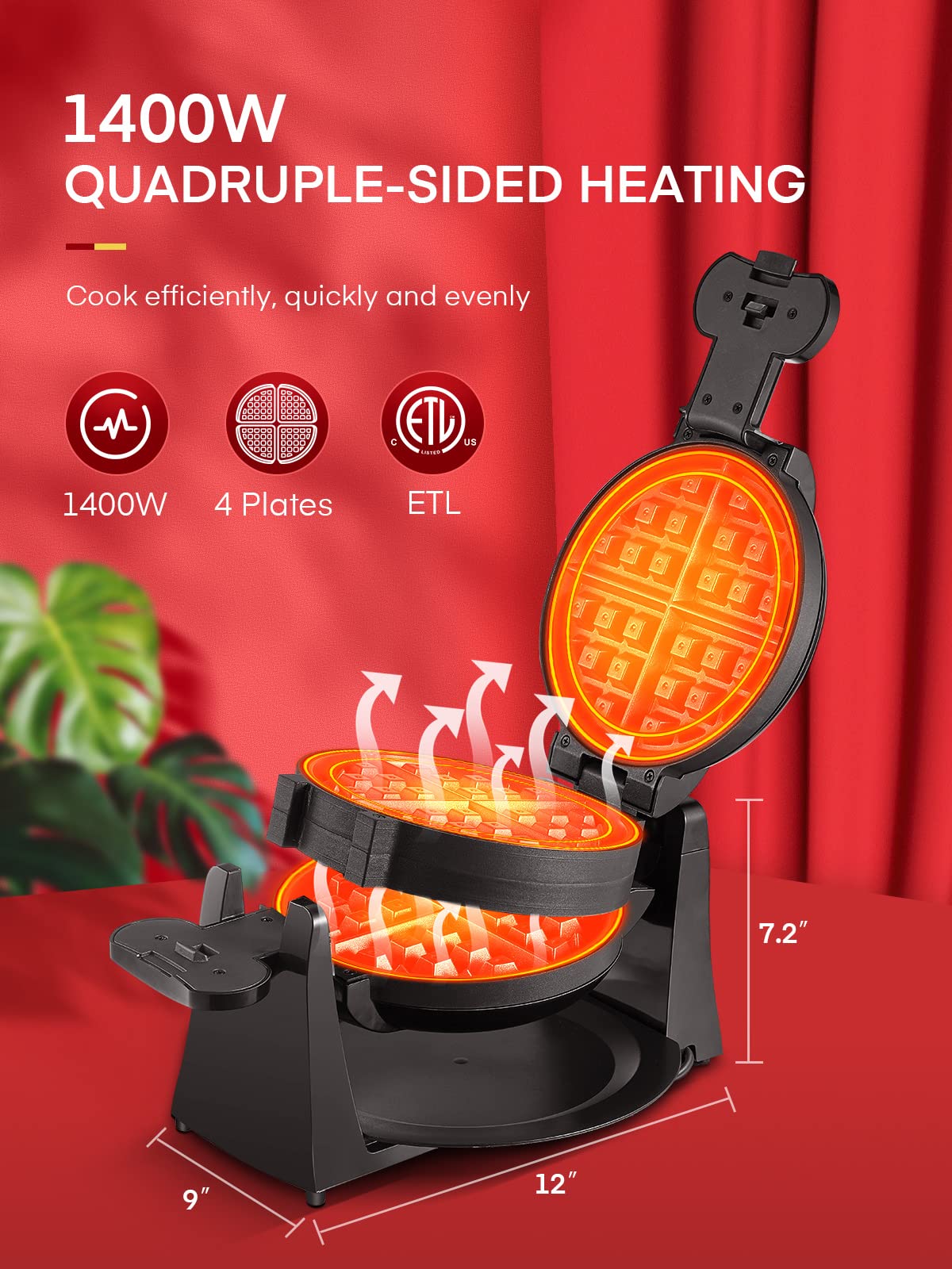 Waffle Maker, Belgian Waffle Maker Iron 180° Flip Double Waffle, 8 Slices, Rotating & Nonstick Plates, Removable Drip Tray Easy to Clean, Cool Touch Handle, Handle Lock for Easy Storage, 1400W (Red)