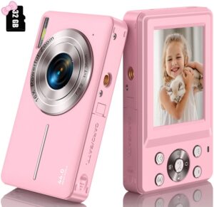 digital camera, fhd 1080p kids camera 44mp compact digital camera with 32gb card, 1 batteries 16x digital zoom point and shoot digital cameras gift for kids boys girls teens (pink)