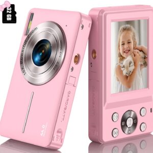 Digital Camera, FHD 1080P Kids Camera 44MP Compact Digital Camera with 32GB Card, 1 Batteries 16X Digital Zoom Point and Shoot Digital Cameras Gift for Kids Boys Girls Teens (Pink)