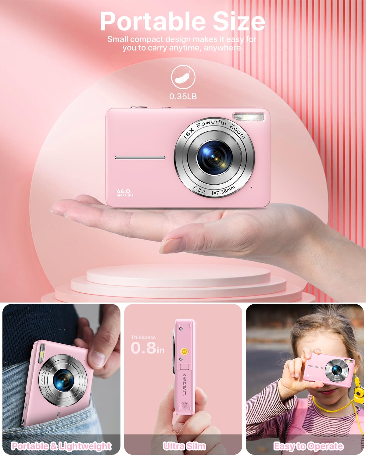 Digital Camera, FHD 1080P Kids Camera 44MP Compact Digital Camera with 32GB Card, 1 Batteries 16X Digital Zoom Point and Shoot Digital Cameras Gift for Kids Boys Girls Teens (Pink)