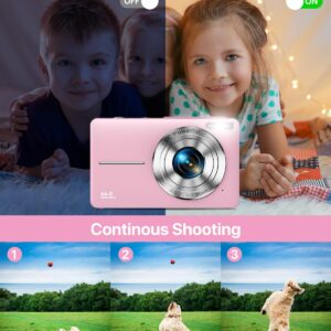 Digital Camera, FHD 1080P Kids Camera 44MP Compact Digital Camera with 32GB Card, 1 Batteries 16X Digital Zoom Point and Shoot Digital Cameras Gift for Kids Boys Girls Teens (Pink)