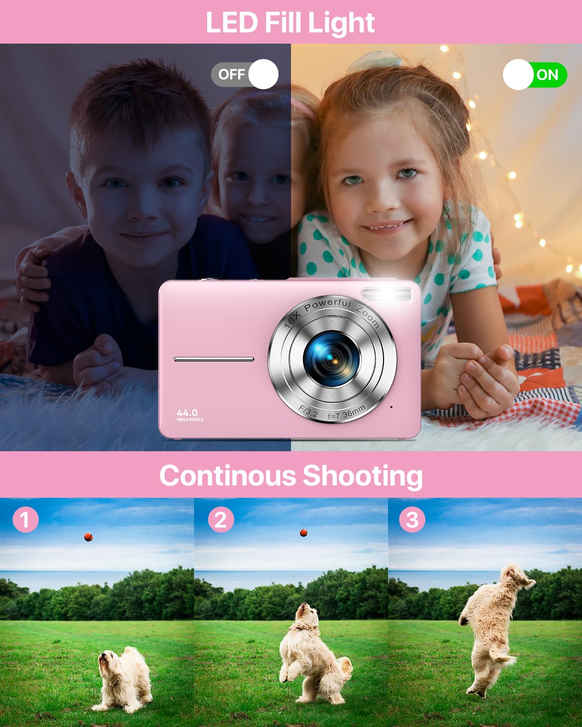 Digital Camera, FHD 1080P Kids Camera 44MP Compact Digital Camera with 32GB Card, 1 Batteries 16X Digital Zoom Point and Shoot Digital Cameras Gift for Kids Boys Girls Teens (Pink)