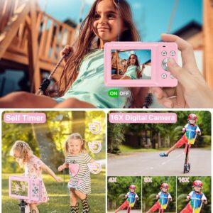 Digital Camera, FHD 1080P Kids Camera 44MP Compact Digital Camera with 32GB Card, 1 Batteries 16X Digital Zoom Point and Shoot Digital Cameras Gift for Kids Boys Girls Teens (Pink)