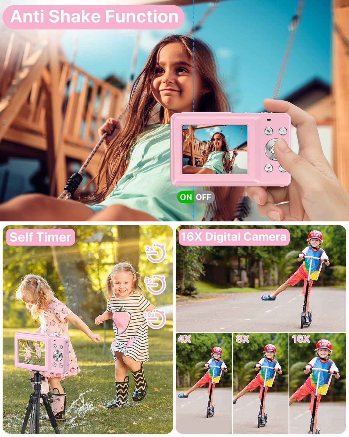 Digital Camera, FHD 1080P Kids Camera 44MP Compact Digital Camera with 32GB Card, 1 Batteries 16X Digital Zoom Point and Shoot Digital Cameras Gift for Kids Boys Girls Teens (Pink)