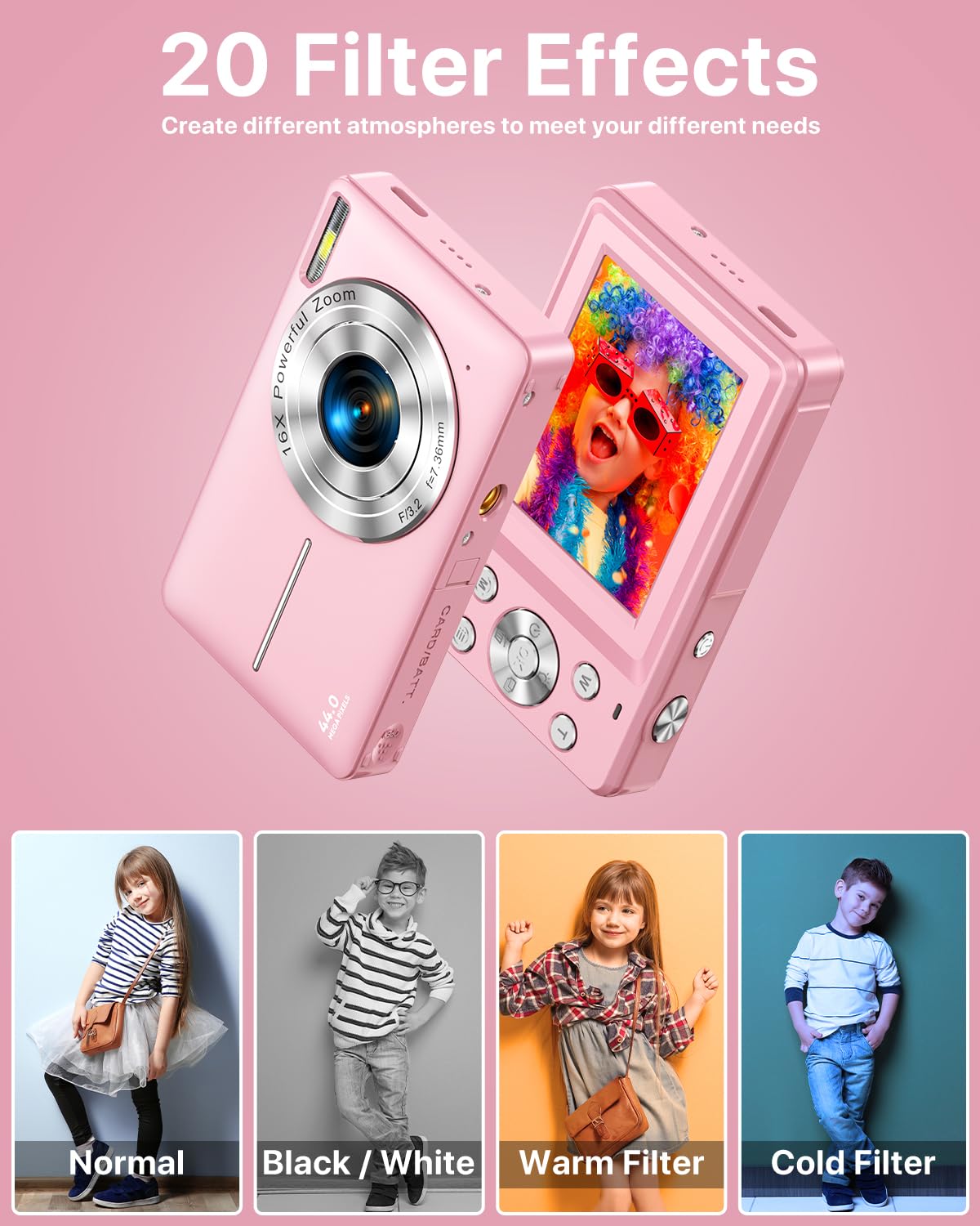 Digital Camera, FHD 1080P Kids Camera 44MP Compact Digital Camera with 32GB Card, 1 Batteries 16X Digital Zoom Point and Shoot Digital Cameras Gift for Kids Boys Girls Teens (Pink)