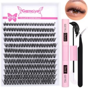 DIY Lashes Extension Kit 50P Eyelash Extension Kit Individual Lash Clusters Kit with Bond and Seal Glue Waterproof and Tweezers for Self Application at Home (240Pcs-0.07D-8-16MM)