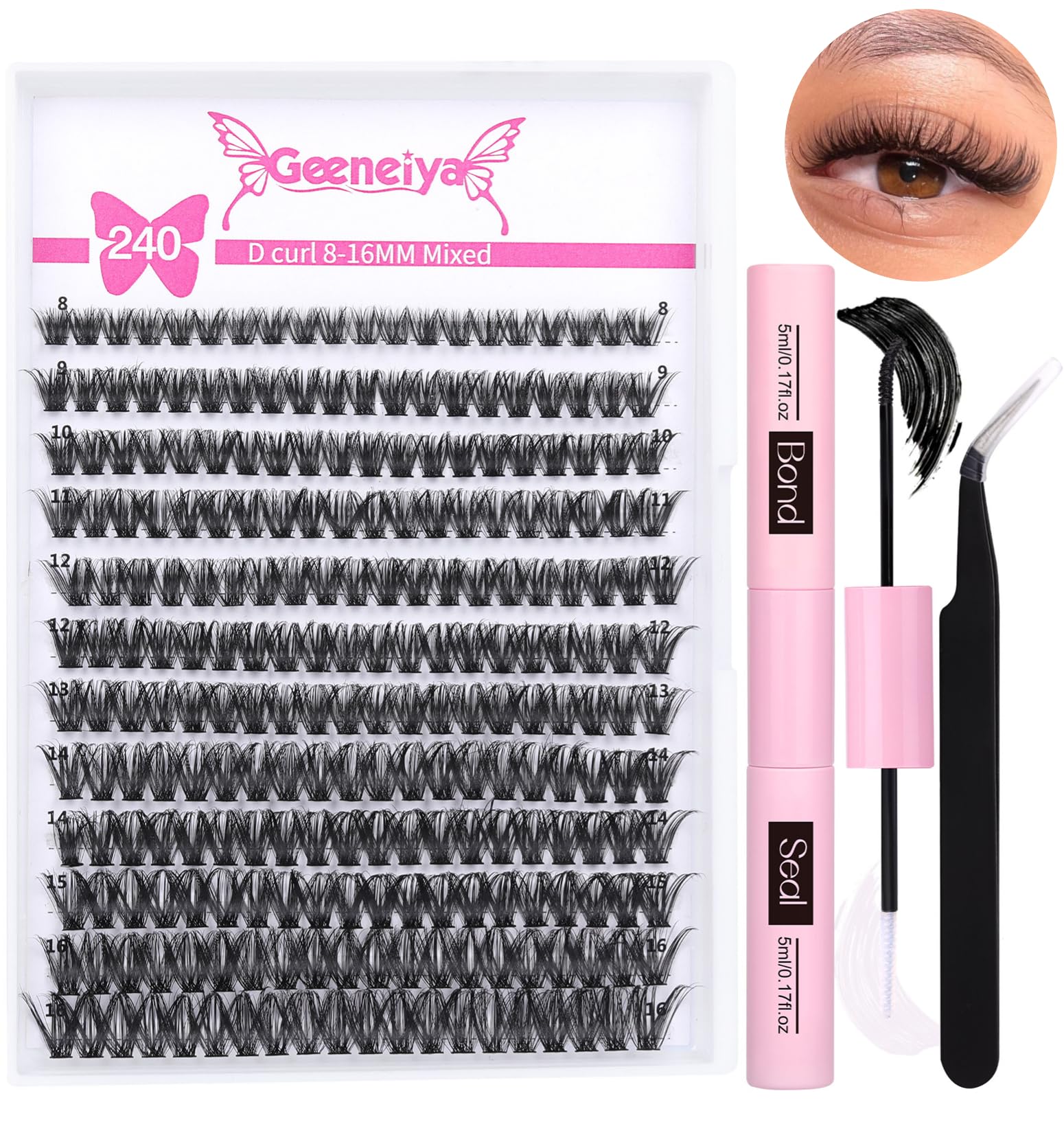 DIY Lashes Extension Kit 50P Eyelash Extension Kit Individual Lash Clusters Kit with Bond and Seal Glue Waterproof and Tweezers for Self Application at Home (240Pcs-0.07D-8-16MM)