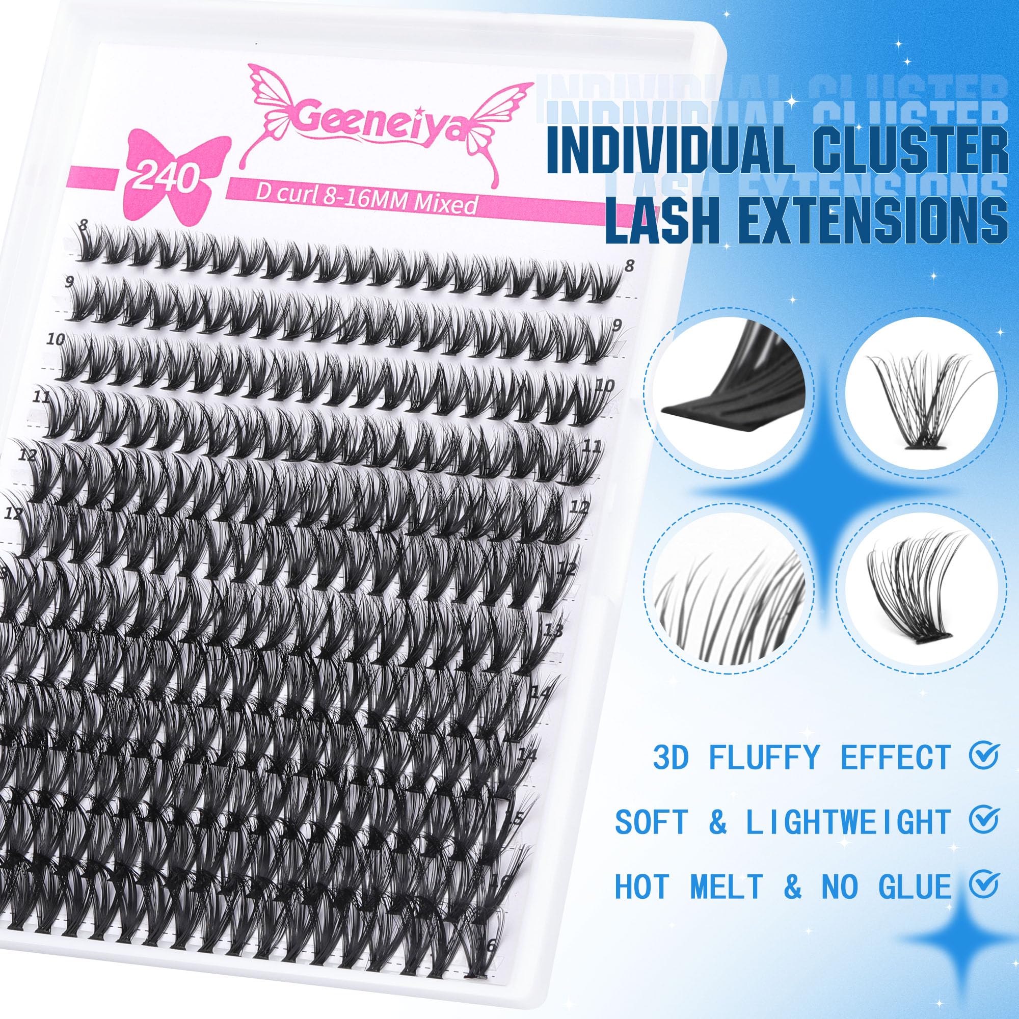 DIY Lashes Extension Kit 50P Eyelash Extension Kit Individual Lash Clusters Kit with Bond and Seal Glue Waterproof and Tweezers for Self Application at Home (240Pcs-0.07D-8-16MM)