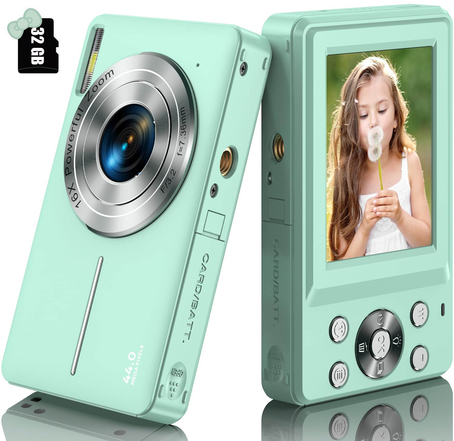 Digital Camera, FHD 1080P Kids Camera 44MP Compact Digital Camera with 32GB Card, 1 Batteries 16X Digital Zoom Point and Shoot Digital Cameras Gift for Kids Boys Girls Teens (Green)