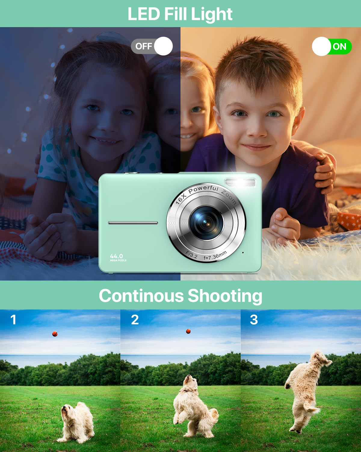 Digital Camera, FHD 1080P Kids Camera 44MP Compact Digital Camera with 32GB Card, 1 Batteries 16X Digital Zoom Point and Shoot Digital Cameras Gift for Kids Boys Girls Teens (Green)