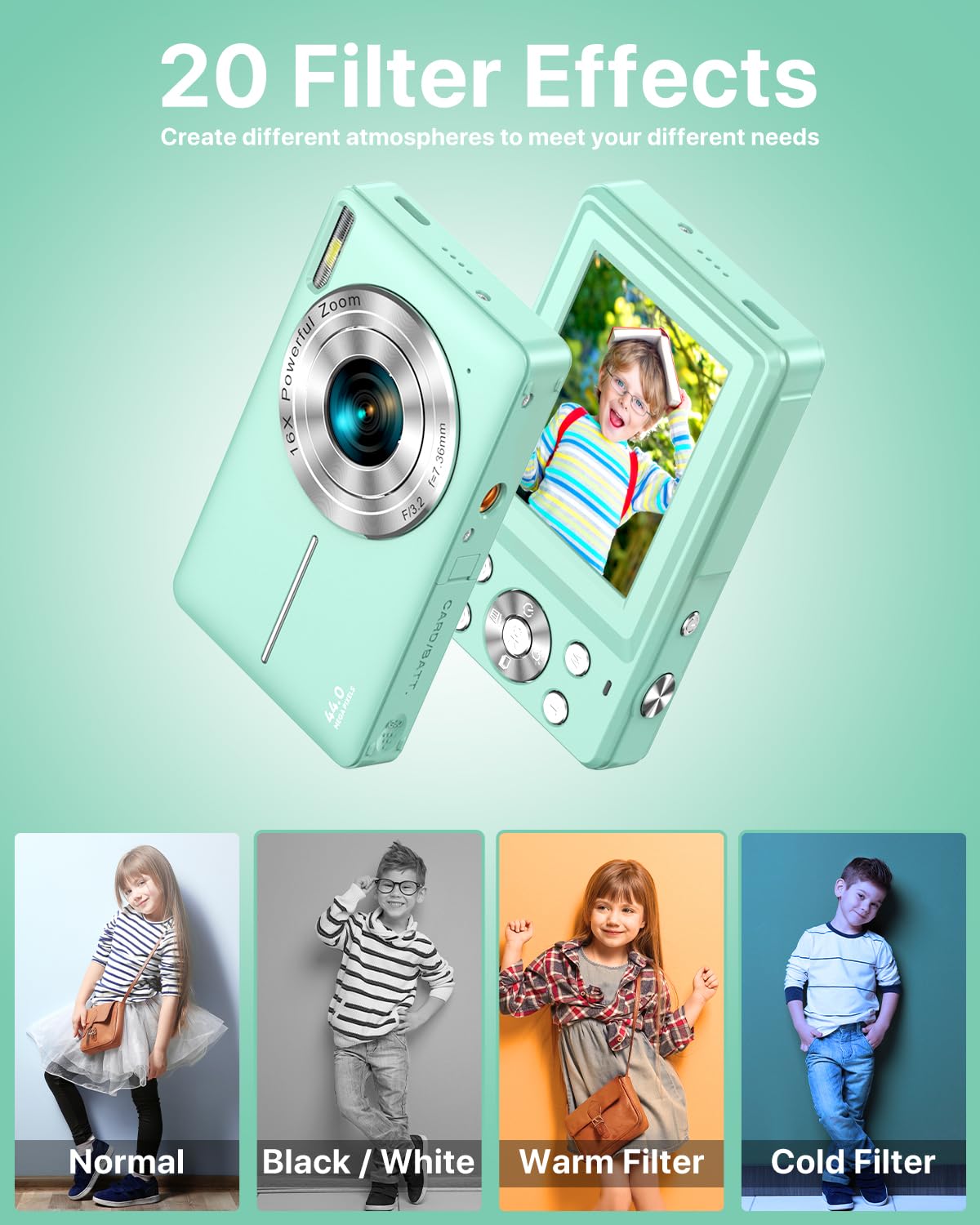 Digital Camera, FHD 1080P Kids Camera 44MP Compact Digital Camera with 32GB Card, 1 Batteries 16X Digital Zoom Point and Shoot Digital Cameras Gift for Kids Boys Girls Teens (Green)