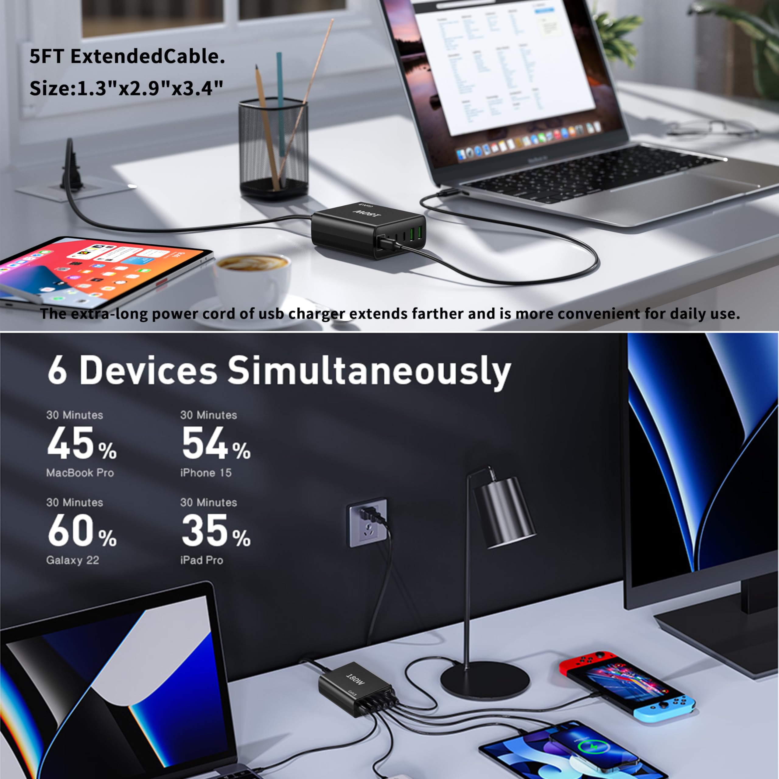 USB C Fast Charger 180W 6 Port GaN3 USB C charger Compatible with laptop,ipad, iPhone 14 13 12 11 Pro Max Fast Charging Blocks Pixel Note Galaxy MacBook Pro/Air USB C Charger Block Sumsung Android