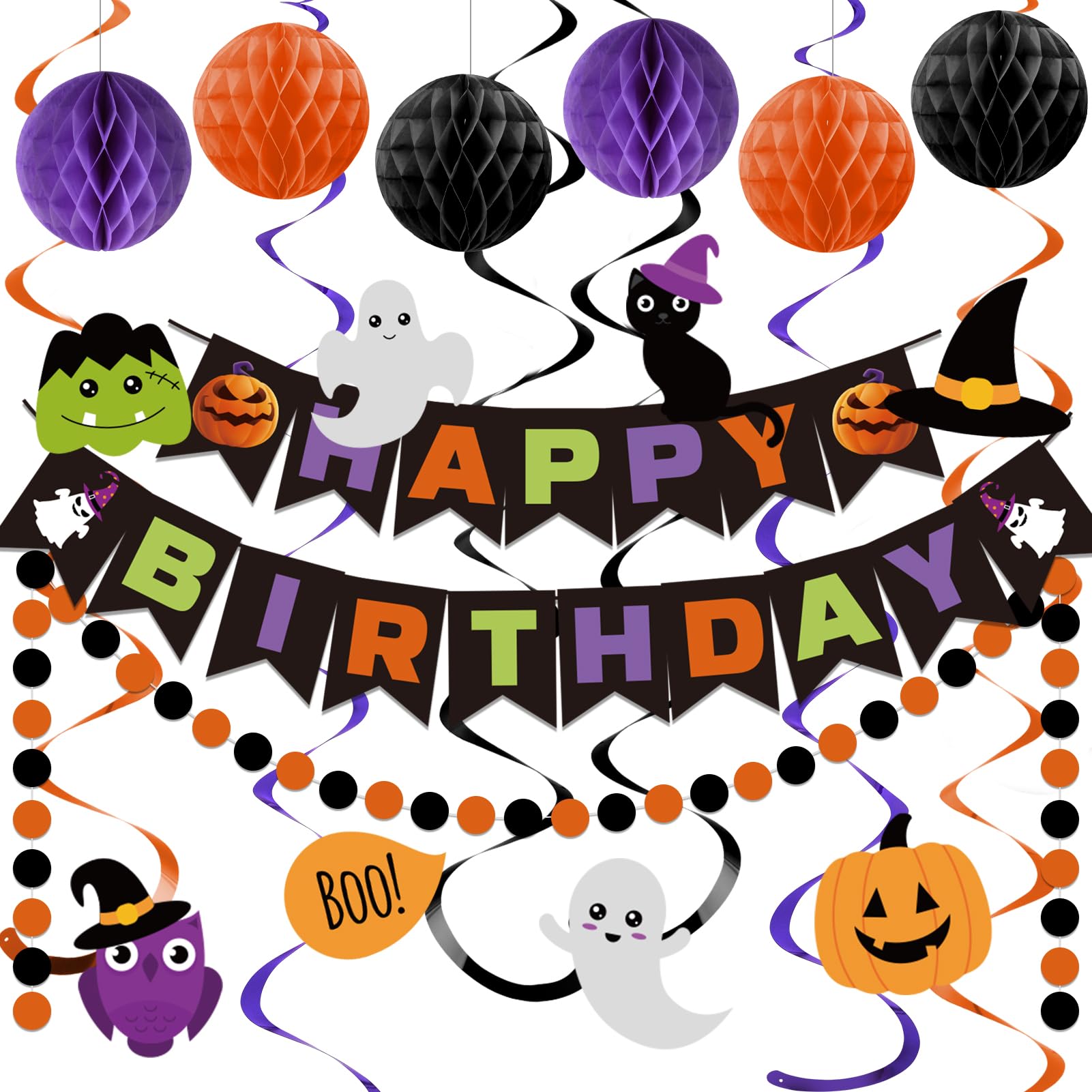 meowtastic Halloween Birthday Decorations - Happy Birthday Banner with Honeycomb Ball, Halloween Hanging Swirl Streamer, Circle Dot Garland Decorations - Halloween theme Birthday Party Decoration