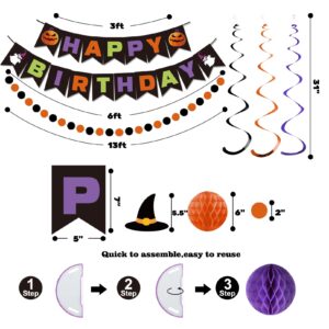 meowtastic Halloween Birthday Decorations - Happy Birthday Banner with Honeycomb Ball, Halloween Hanging Swirl Streamer, Circle Dot Garland Decorations - Halloween theme Birthday Party Decoration