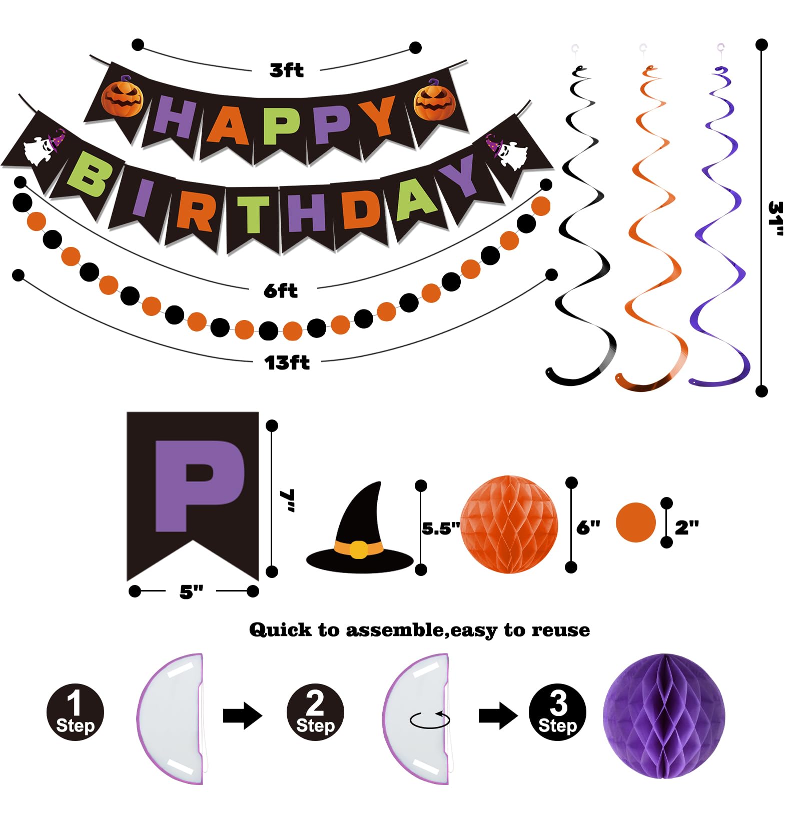 meowtastic Halloween Birthday Decorations - Happy Birthday Banner with Honeycomb Ball, Halloween Hanging Swirl Streamer, Circle Dot Garland Decorations - Halloween theme Birthday Party Decoration