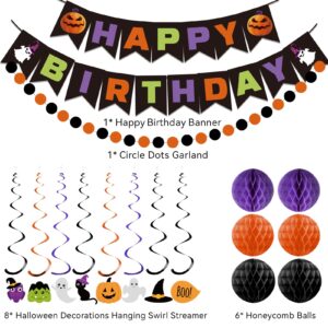 meowtastic Halloween Birthday Decorations - Happy Birthday Banner with Honeycomb Ball, Halloween Hanging Swirl Streamer, Circle Dot Garland Decorations - Halloween theme Birthday Party Decoration