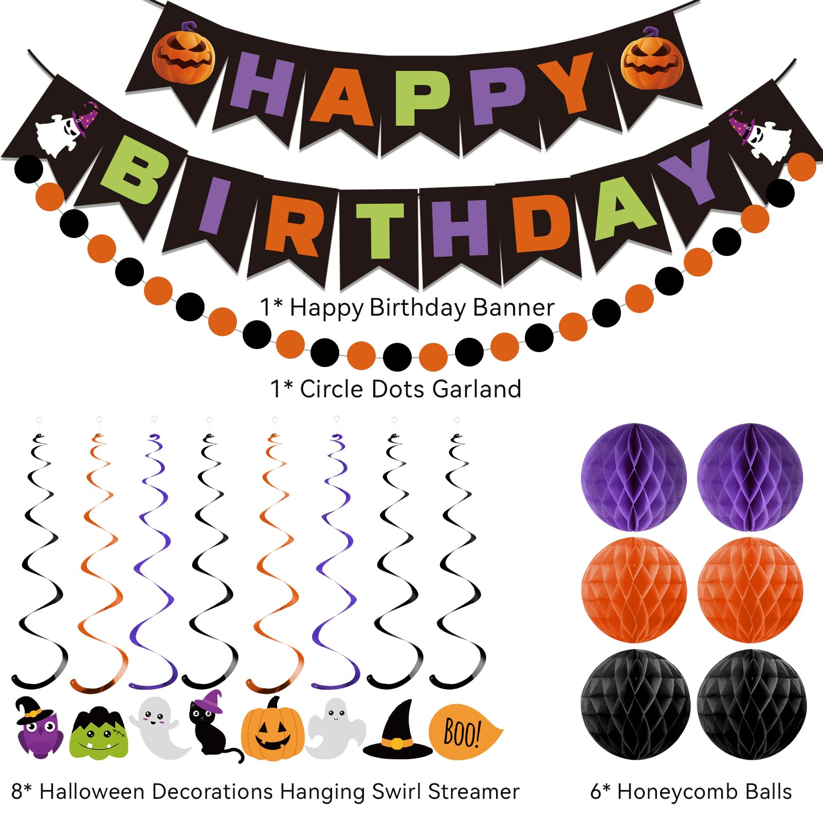 meowtastic Halloween Birthday Decorations - Happy Birthday Banner with Honeycomb Ball, Halloween Hanging Swirl Streamer, Circle Dot Garland Decorations - Halloween theme Birthday Party Decoration