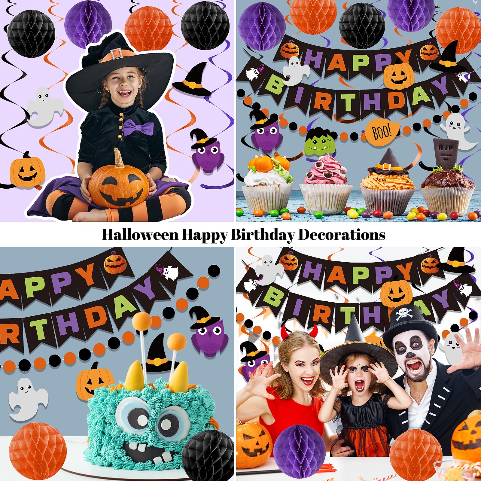 meowtastic Halloween Birthday Decorations - Happy Birthday Banner with Honeycomb Ball, Halloween Hanging Swirl Streamer, Circle Dot Garland Decorations - Halloween theme Birthday Party Decoration