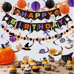 meowtastic Halloween Birthday Decorations - Happy Birthday Banner with Honeycomb Ball, Halloween Hanging Swirl Streamer, Circle Dot Garland Decorations - Halloween theme Birthday Party Decoration