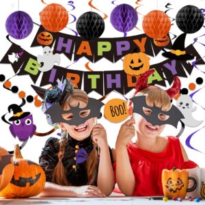 meowtastic Halloween Birthday Decorations - Happy Birthday Banner with Honeycomb Ball, Halloween Hanging Swirl Streamer, Circle Dot Garland Decorations - Halloween theme Birthday Party Decoration