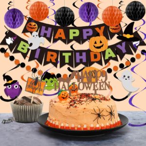 meowtastic Halloween Birthday Decorations - Happy Birthday Banner with Honeycomb Ball, Halloween Hanging Swirl Streamer, Circle Dot Garland Decorations - Halloween theme Birthday Party Decoration