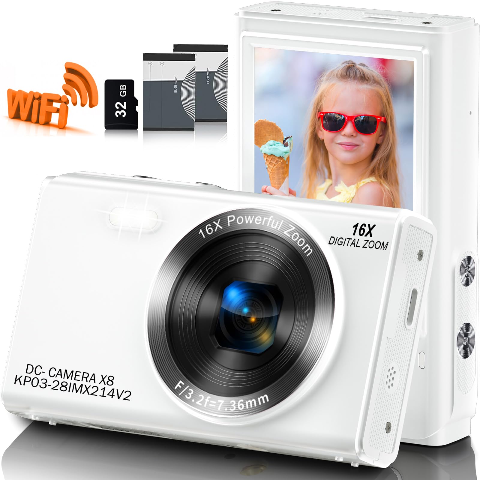 Digital Camera, Saneen 4K WiFi Kids Cameras for Photography, Compact Camera with 32GB SD Card, 16X Digital Zoom, 2.8" Big Screen, 2 Rechargeable Batteries, 4K 2.7K 1080P & 64MP 48MP 30MP-White