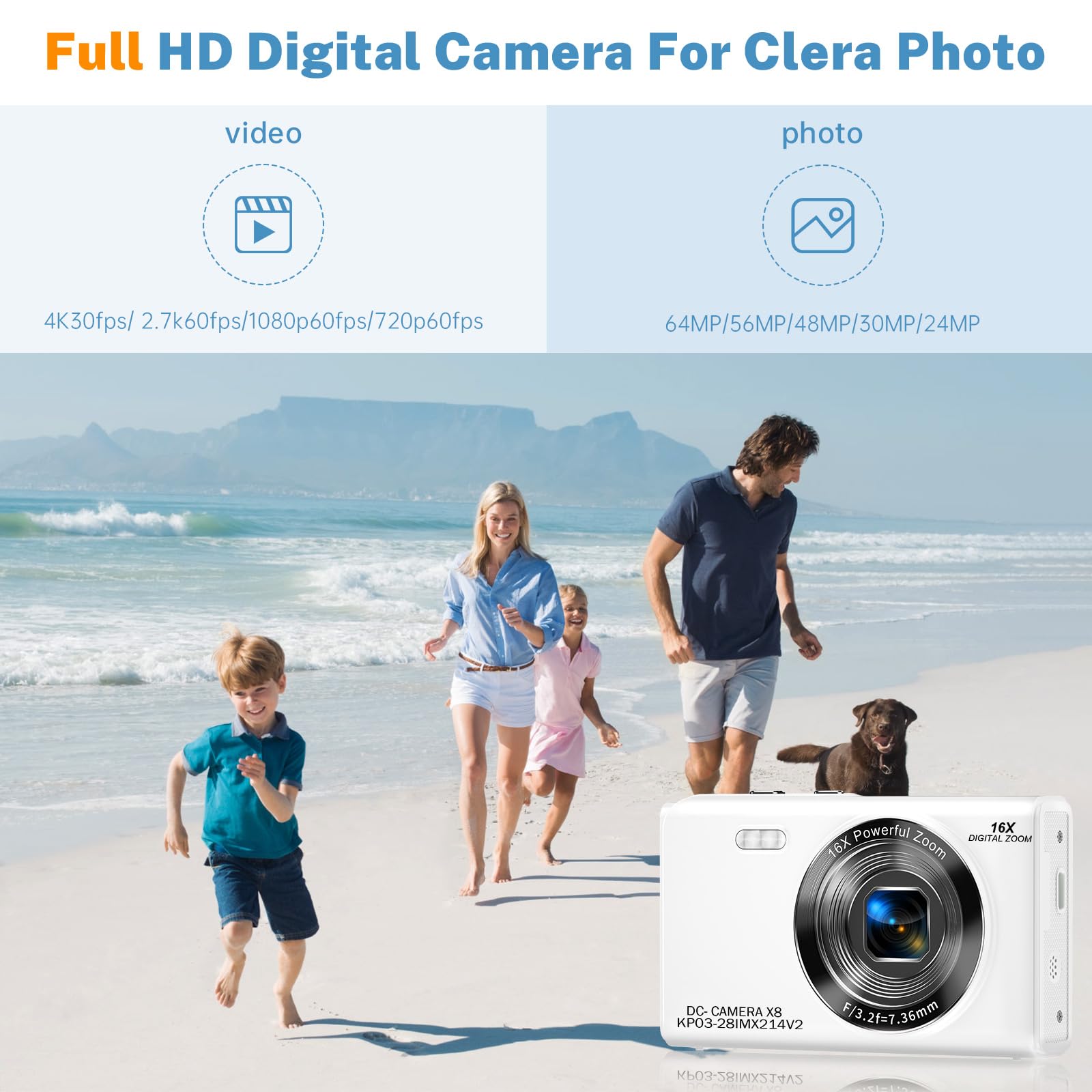 Digital Camera, Saneen 4K WiFi Kids Cameras for Photography, Compact Camera with 32GB SD Card, 16X Digital Zoom, 2.8" Big Screen, 2 Rechargeable Batteries, 4K 2.7K 1080P & 64MP 48MP 30MP-White