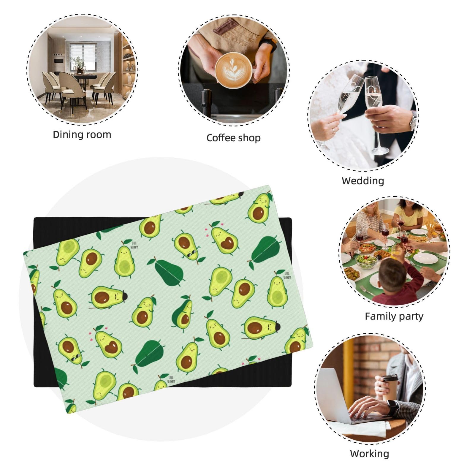 Green Cute Avocado Placemats Set of 6,Table Placemats Outdoor Indoor Placemats Rectangle,Washable Place Mats for Dining Kitchen Table Decor,Picnic Placemat Table Mat Kitchen Decor 12 X 18 in