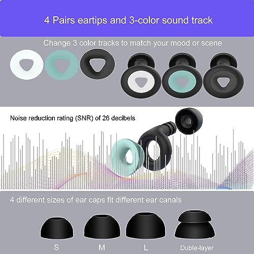 Ear Plugs for Sleeping Noise Cancelling-Reusable 26dB Noise Reduction Flexible Silicone Hearing Protection,Washable,4 Pairs Ear Tips and 3-Color Sound Track for Concerts,Study,Work